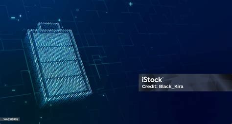 디지털 리튬 이온 충전식 배터리 기호 빛나는 파란색 네온 번개 입자 아이콘으로 고전압 충전 에너지 저장 3d 렌더링 미래 지향적