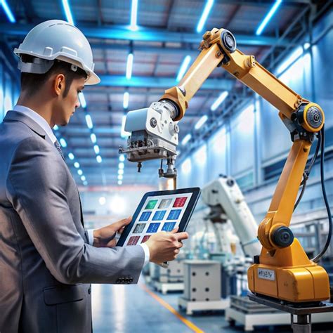 manager technical industrial engineer working and control robotics with monitoring system