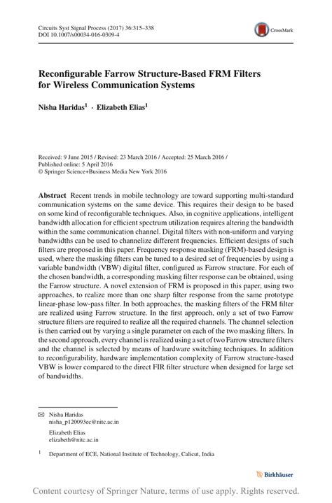 Reconfigurable Farrow Structure Based Frm Filters For Wireless Communication Systems Request Pdf