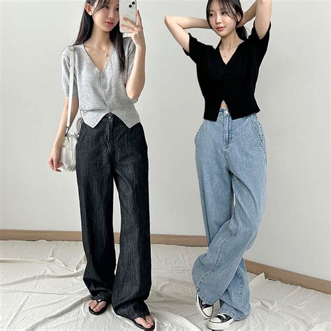 심플이즈베스트 썸머 쿨 ️ 원단 여름 허리 밴딩 스판 와이드 롱 데님 팬츠 연청 흑청 얇은 시원한 청 통 바지