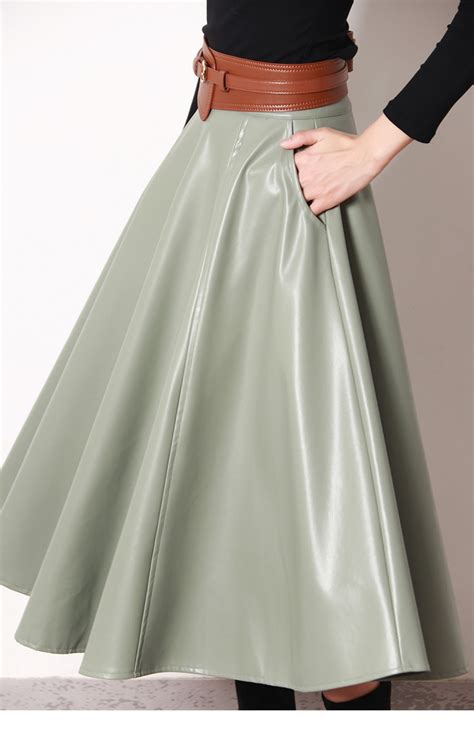 가죽 플레어 벨트세트 햅번 스커트 그린 핸드메이드 롱 명품 치마