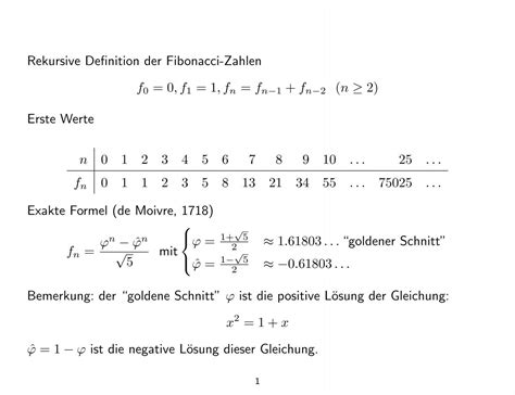 Rekursive Definition Der Fibonacci Zahlen F0 0f1 1fn Fnâ 1 Fn
