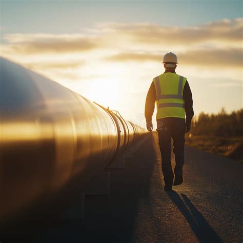 Infrastructure Worker Walking Along A Pipeline At Sunset Oil And Gas Infrastructure Stock