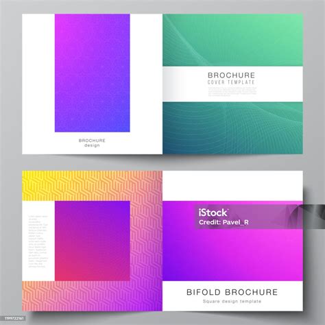 정사각형 디자인 Bifold 브로셔 잡지 전단지 소책자를위한 두 개의 표지 템플릿의 편집 가능한 레이아웃의 벡터 그림 화려한 그라데이션 비즈니스 배경과 추상 기하학적 패턴