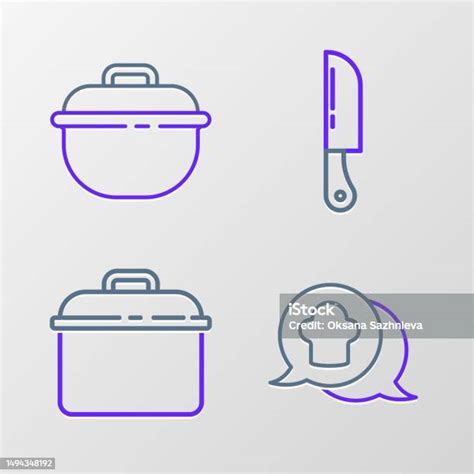 말풍선 요리 냄비 칼 및 아이콘에 라인 요리사 모자를 설정합니다 벡터 Brand Name Online Messaging Platform에 대한 스톡 벡터 아트 및 기타