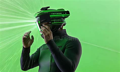 Futuristic Individual Wearing A High Tech Helmet Interacts With A Smartphone Against A Green