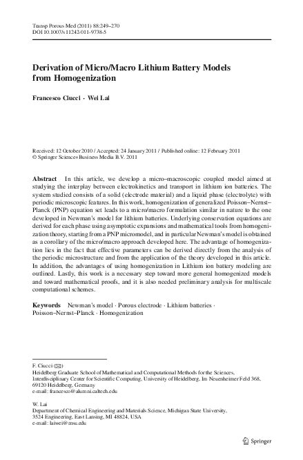 Pdf Derivation Of Micromacro Lithium Battery Models From Homogenization
