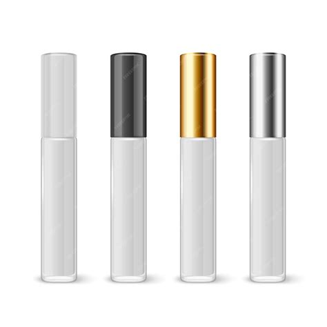 벡터 3d 현실적인 폐쇄 화이트 립글로스 립스틱 패키지 세트 흰색 배경에 고립 유리 용기 튜브 뚜껑 브러시 플라스틱 투명 병