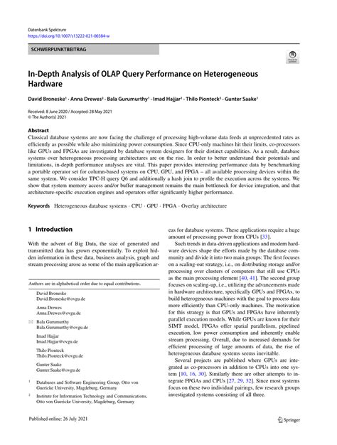 Pdf In Depth Analysis Of Olap Query Performance On Heterogeneous Hardware