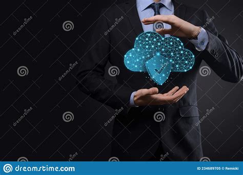 Cloud Technology Polygonal Wireframe Cloud Storage Sign With Shield With A Tick On Dark Blue