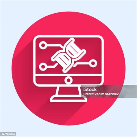 긴 그림자로 격리 된 모니터 아이콘에 흰색 라인 유전 공학 수정 Dna 분석 유전학 검사 복제 빨간색 원 버튼입니다 벡터 Dna에 대한 스톡 벡터 아트 및 기타 이미지