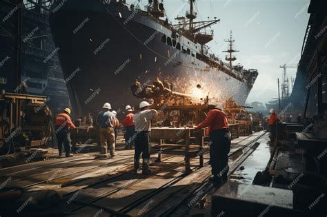 Premium Photo Shipyard With Workers Welding And Constructing