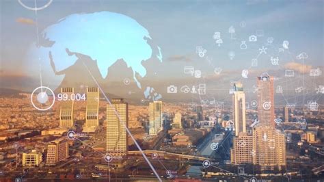 스마트 시티의 글로벌 연결 및 인터넷 네트워크 현대화 미래 5g 무선 디지털 연결 및 소셜 미디어 네트워킹 개념 프리미엄 사진