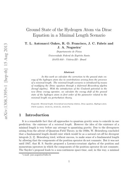 Pdf Ground State Of The Hydrogen Atom Via Dirac Equation In A Minimal