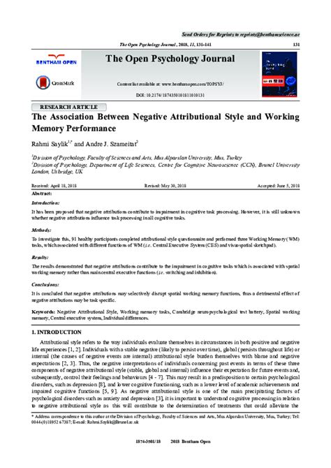 Pdf The Association Between Negative Attributional Style And Working