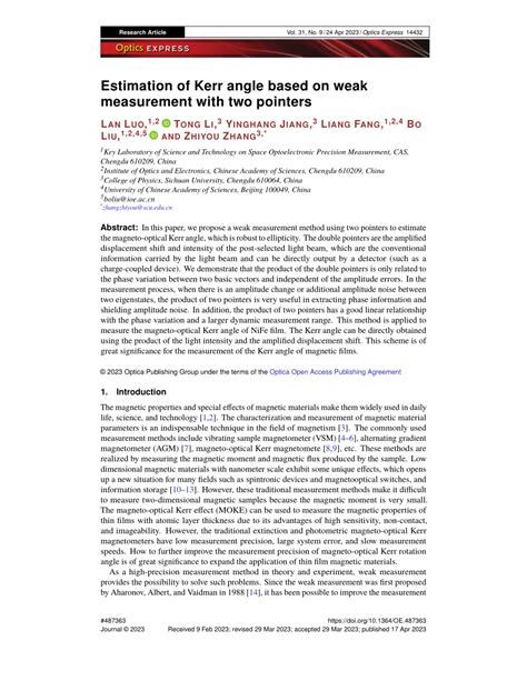 Pdf Estimation Of Kerr Angle Based On Weak Measurement With Two Pointers