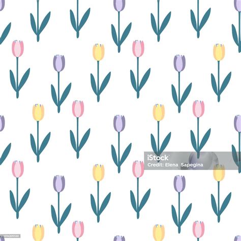 흰색 배경에 잎과 여러 가지 빛깔의 튤립 꽃의 원활한 패턴 플랫 스타일로 심플한 플로럴 패턴 0명에 대한 스톡 벡터 아트 및