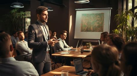 매력적인 플립차트 프레젠테이션을 제공하는 자신감 있는 남성 비즈니스 코치 프리미엄 사진