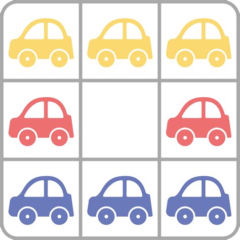 가로 세로 3줄인 칸에 글자가 적혀있다 첫째줄 노란자동차 3개 둘째줄 빨간 자동차 빈칸 빨간 자동차 셋째줄 파란 자동차 3개