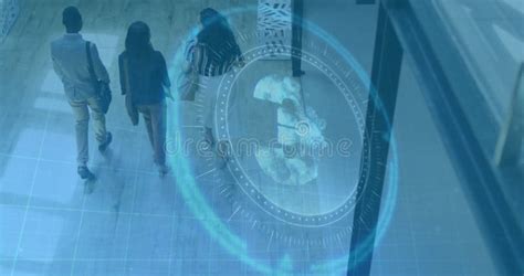 Digital Security Animation Over People Walking In Modern Office Building Stock Video Video Of