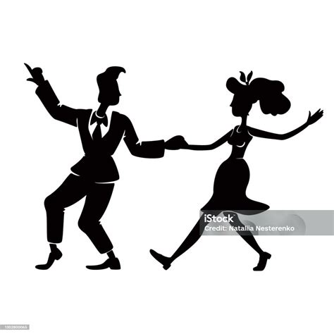 복고풍 여자와 남자 댄스 에너지 자이브 블랙 실루엣 벡터 일러스트 록 앤 롤 포즈를 취한 코믹한 구식 사람들 상업 애니메이션 인쇄를위한 2d 만화 캐릭터 모양 1940