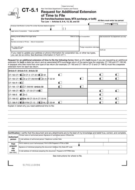 Form Ct 51 Request For Additional Extension Of Time To File 2011