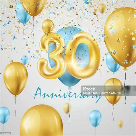황금 풍선 번호 30 주년 기념 황금과 청록색 풍선과 색종이 축하 템플릿 인사말 카드 휴일 템플릿 전단지 3d 일러스트레이션 3d 렌더링 3차원 형태에 대한 스톡 사진 및