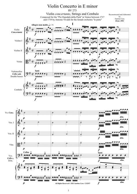 Vivaldi Violin Concerto In E Minor Rv 273 For Violin Strings And