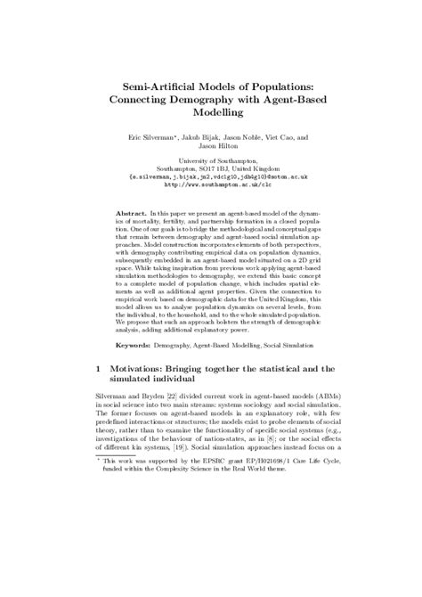 Pdf Semi Artificial Models Of Populations Connecting Demography With Agent Based Modelling