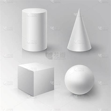 逼真的3d白球，立方体，圆柱体和圆锥。素材 花瓣网