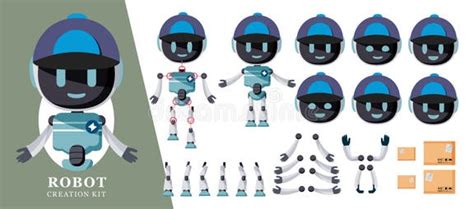 Robots Creation Kit Vector Set Design Robot Body And Head Creator Character With Delivery Cap