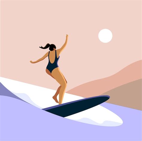 Premium Vector Surfing Girl On A Sea Wave