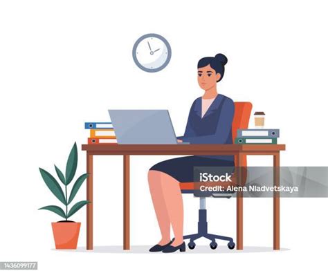 사무실 책상에서 노트북 컴퓨터에서 일하는 양복을 입은 사무원 여성 평면 스타일 벡터 일러스트레이션 기업 비즈니스에 대한 스톡 벡터 아트 및 기타 이미지 Istock