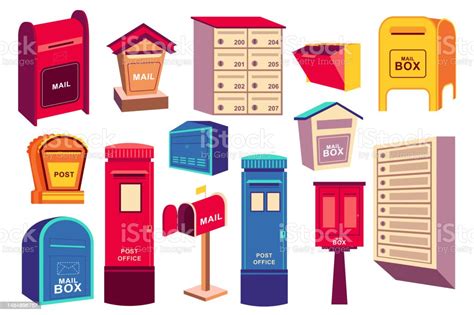 레트로 메일 박스 메가 세트 요소는 플랫 디자인입니다 다양한 모양과 색상의 번들 편지를 보내거나 받기 위한 빈티지 전통 레터