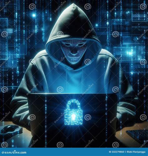 Hacker At A Workstation Typing On A Laptop With A Backdrop Of Binary Code And Padlock Stock
