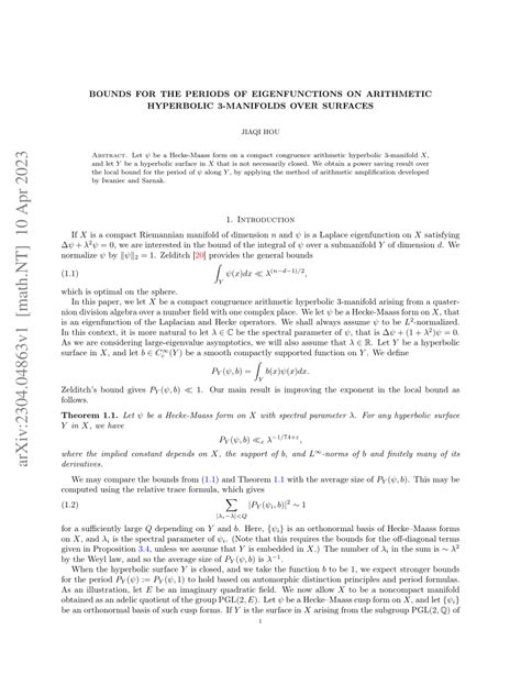 Pdf Bounds For The Periods Of Eigenfunctions On Arithmetic Hyperbolic 3 Manifolds Over Surfaces