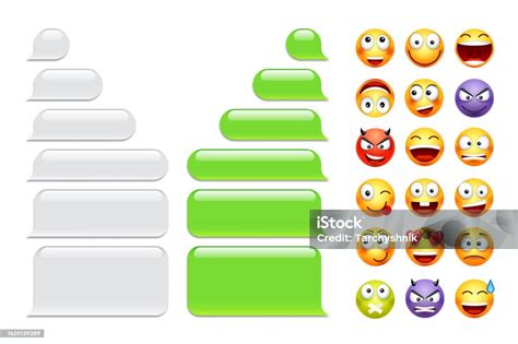 이모티콘이 있는 빈 메시지 풍선 녹색 채팅 또는 메신저 말풍선 Sms 텍스트 프레임입니다 단문 메시지 보내기 대화 화면 소셜 미디어 응용 프로그램 벡터 그림 Brand