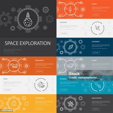 우주 탐사 인포 그래픽 10 라인 아이콘 배너 로켓 우주선 우주 비행사 행성 간단한 아이콘 우주 정거장에 대한 스톡 벡터 아트 및 기타 이미지 Istock