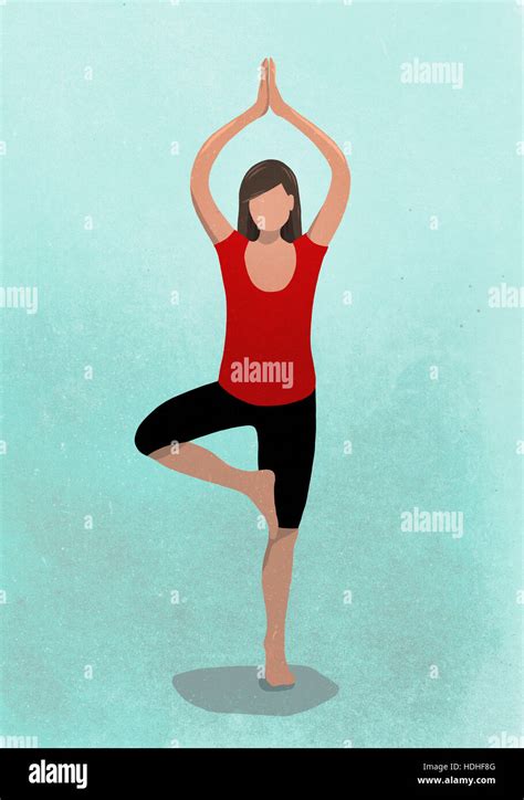 Vector Image Of Woman Practicing Tree Pose Against Blue Background Representing Healthy