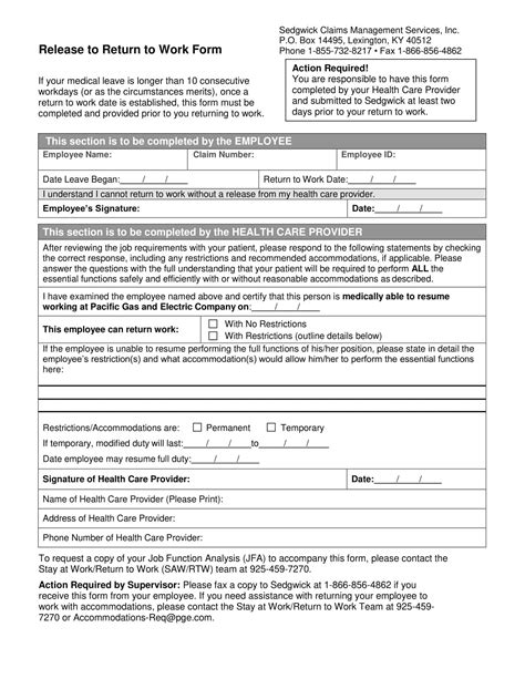 Return To Work Certification Form
