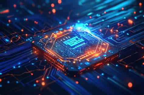 Innovative Microprocessor Design Illuminated By Blue And Orange Lights In A Digital Setting