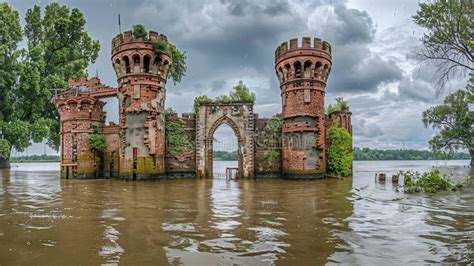 An Abandoned European Castle Partially Submerged In A River Surrounded