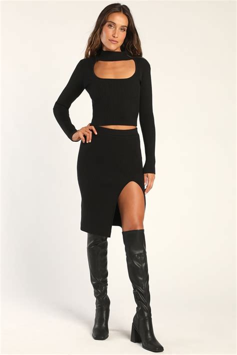 Black Two Piece Midi Dress Long Sleeve Dress Bodycon 2 Piece Lulus