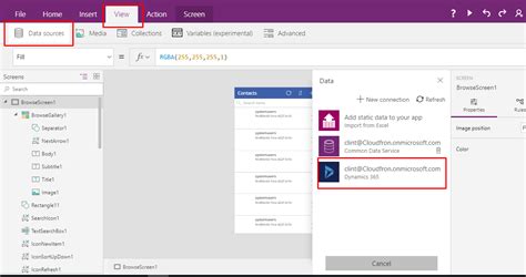 Go To View Data Source Select The Connection Choose Dataset Select Account Entity Connect