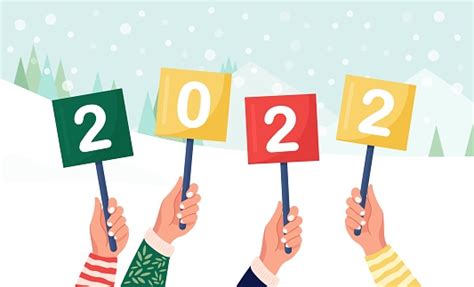 행복한 사람들은 손에 숫자 2022 표지판이나 플래카드를 들고있다 친구 그룹은 메리 크리스마스와 행복한 새해를 기원합니다 휴일 인사말 자마를 축하하는 쾌활한 사람들 벡터