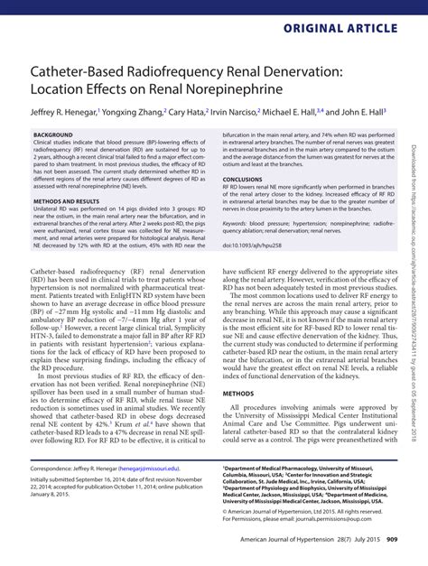 Pdf Catheter Based Radiofrequency Renal Denervation Location Effects On Renal Norepinephrine