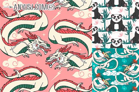 10款新年春节龙年熊猫无缝图案插画背景插图ai矢量套装hand Drawn Chinese Dragon Panda And Turtle Shell Pattern Set 安鱼设计