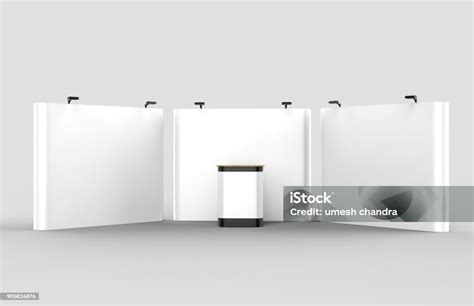 전시 긴장 패브릭 디스플레이 배너 스탠드 배경 무역에 대 한 표시 광고 스탠드 Led 또는 할로겐 빛 Standees와 카운터 3d 렌더링 그림입니다 팝업 스토어에 대한