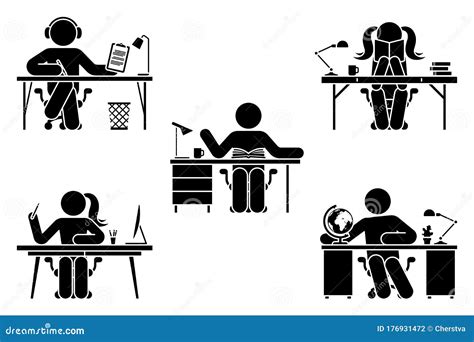 Stick Figure Man Woman Study Learn Lesson At School Home Office