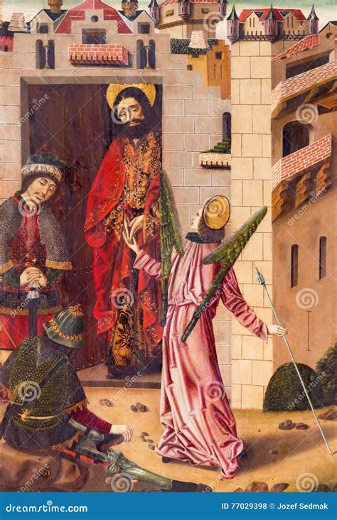 阿维拉西班牙 2016年圣伯多禄的解放从监狱绘画的在Catedral De克里斯多萨尔瓦多圣器收藏室 库存照片 图片 包括有 叠更